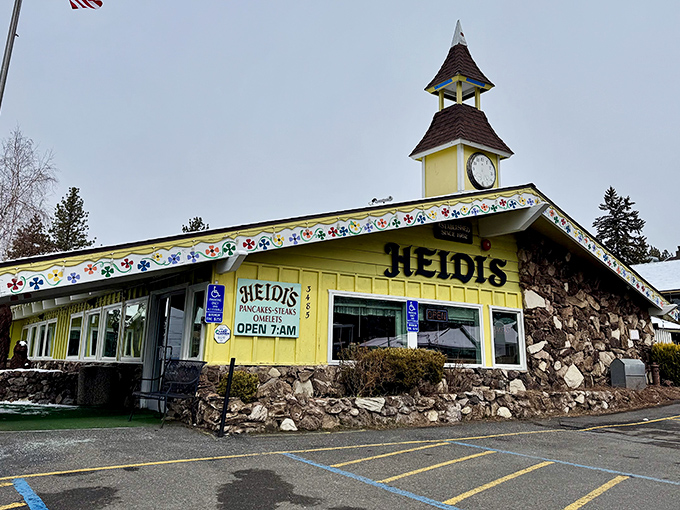 The Swiss chalet meets mountain lodge architecture of Heidi's stands proudly against Tahoe's blue sky, beckoning hungry travelers with its iconic clock tower.