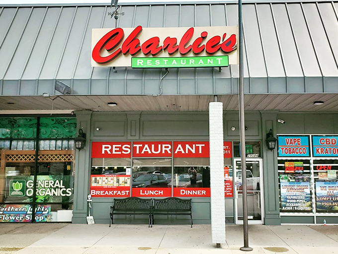 The iconic red script of Charlie's Restaurant beckons from its Madison Heights strip mall home, promising diner delights that transcend the humble surroundings.