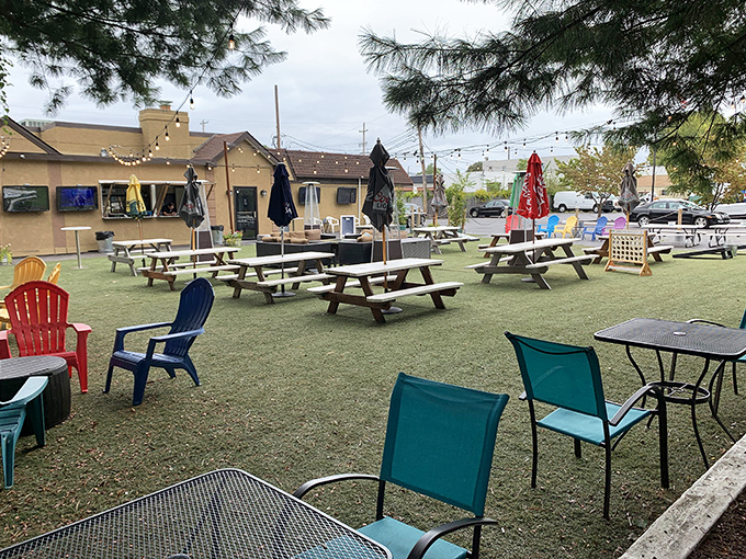 The outdoor beer garden at The Fainting Goat offers picnic table paradise&mdash;where summer evenings, string lights, and cold beers create Pennsylvania magic.