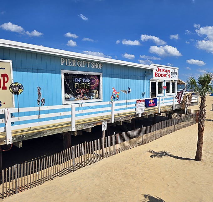 Perched on the pier like a weathered captain's quarters, Ocean Eddies waits patiently for hungry souls.