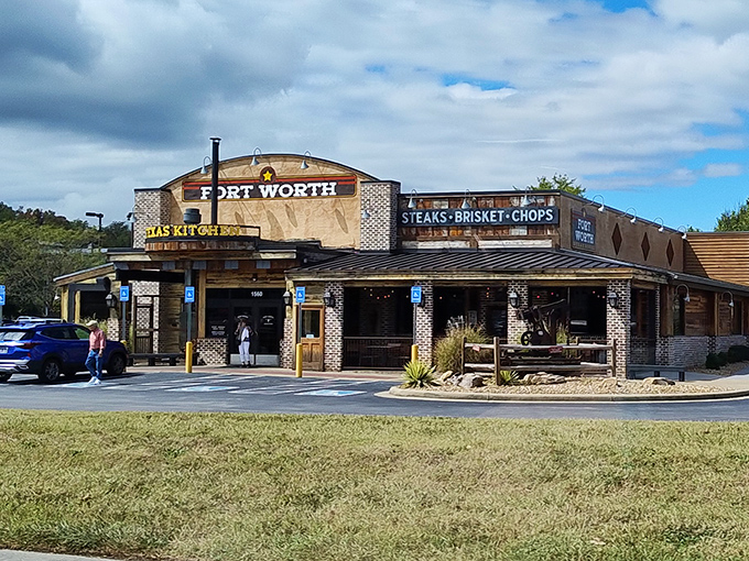 The brick-and-wood exterior of Fort Worth Steakhouse stands like a carnivore's beacon in Sevierville, promising Texas-sized flavors with Tennessee hospitality.