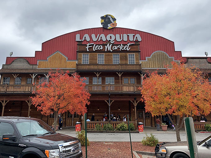 The Wild West meets Mexican mercado at La Vaquita's impressive facade. That giant blue cow isn't just decoration&mdash;it's your signal that treasure hunting season is officially open.
