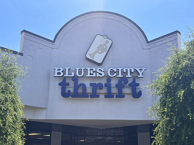 The trumpet tag logo says it all – Blues City Thrift is Memphis' symphony of secondhand treasures, where every visit hits a different note.
