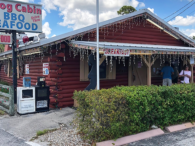 The rustic red exterior of Log Cabin BBQ stands as a beacon of comfort food in LaBelle, where Christmas lights twinkle year-round and promises of BBQ and seafood beckon hungry travelers.