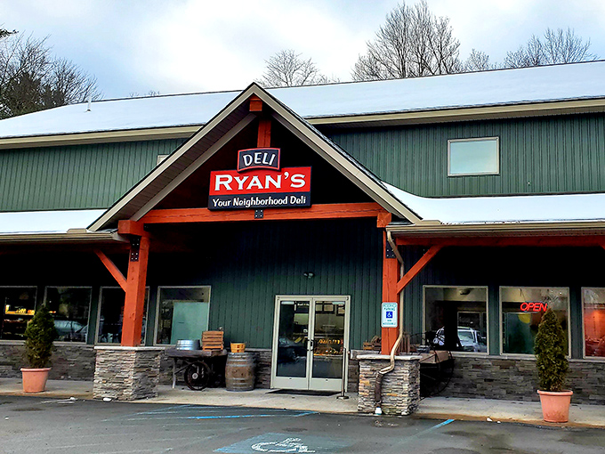 Ryan's Deli welcomes you with rustic charm and a snow-dusted roof, proving that comfort food tastes even better in a cozy mountain setting.