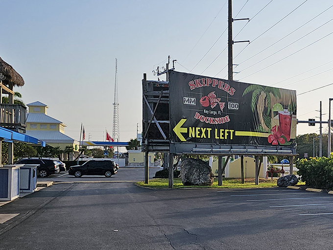 The iconic Skippers Dockside sign beckons hungry travelers with its cheerful promise of seafood treasures and that unmistakable Keys hospitality.