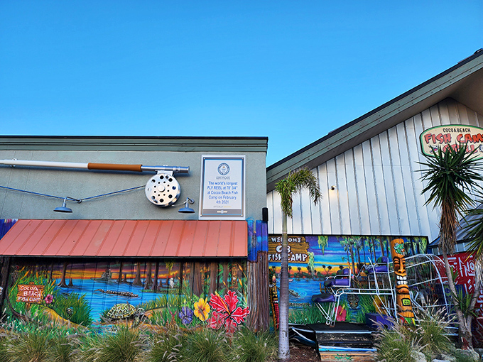 The giant fishing reel mounted on the exterior isn't just for show—it's a promise of the authentic Florida experience waiting inside.