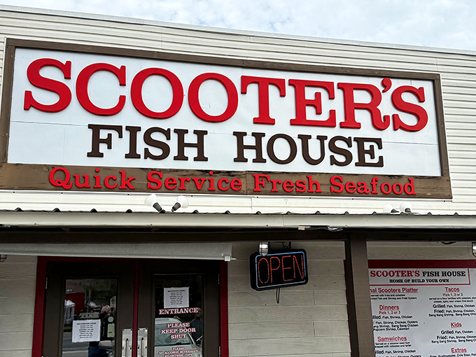 The bold red letters of Scooter's Fish House promise exactly what Florida seafood lovers crave: "Quick Service Fresh Seafood." No fancy frills, just the real deal.