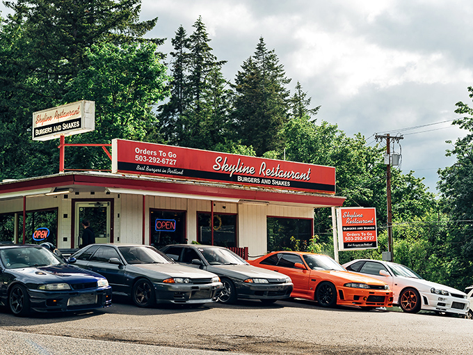 The classic red and white exterior of Skyline Restaurant stands as a beacon of burger perfection, promising simple pleasures done extraordinarily well.