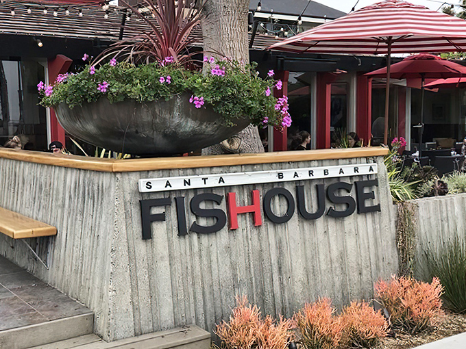 The entrance to seafood paradise! Santa Barbara FisHouse welcomes you with vibrant bougainvillea and that quintessential California coastal charm.