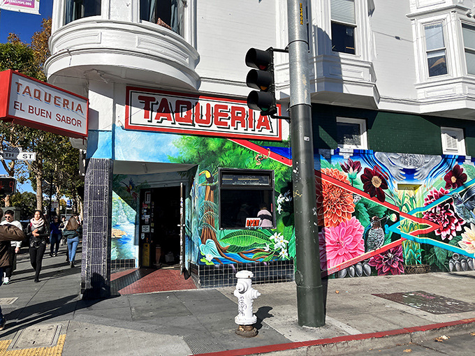 The vibrant mural outside El Buen Sabor isn't just decoration&mdash;it's a preview of the colorful flavors waiting inside this Mission District gem.