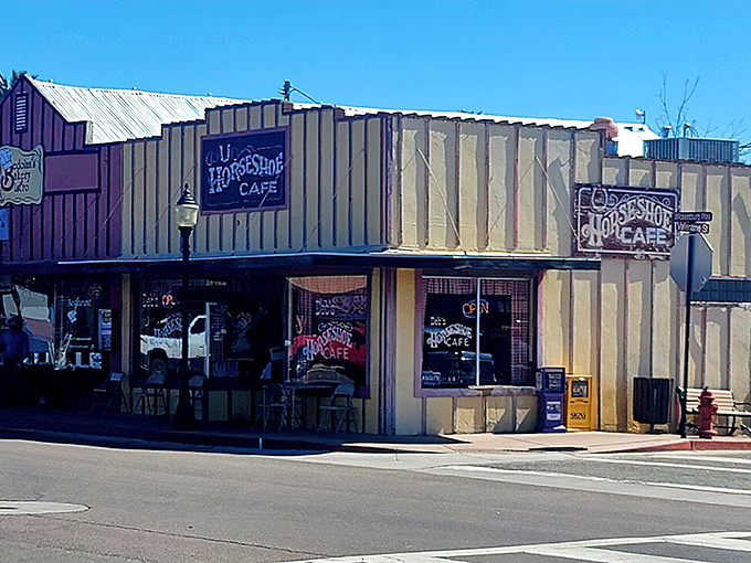 The Horseshoe Cafe stands proudly on Wickenburg's corner, its Western facade a time portal to Arizona's frontier days.
