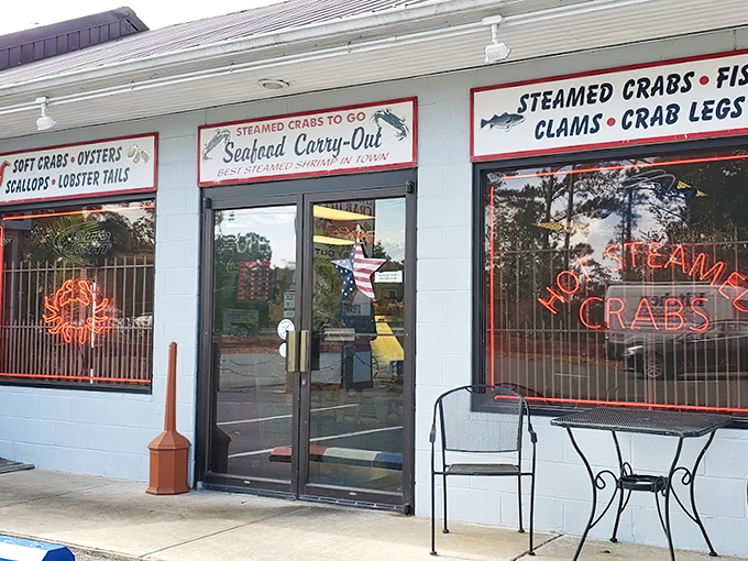 The seafood siren call of Crisfield! Those neon crab signs aren't just decoration&mdash;they're beacons guiding hungry Marylanders to their happy place.