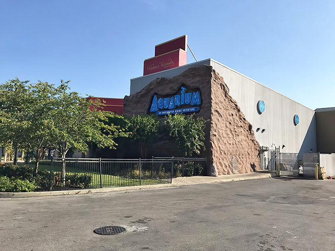 The entrance to Aquarium Restaurant looks like what would happen if Neptune decided to open a TGI Friday's. Oceanic adventure awaits beyond those stone walls.