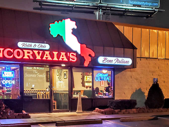 The iconic red signage of Incorvaia's Bene Italiano stands as a beacon for hungry Toledoans, promising authentic Italian comfort in an unassuming strip mall setting.