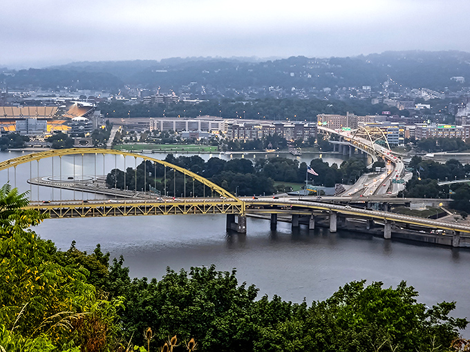 Those golden bridges aren't just pretty - they're Pittsburgh's way of showing off to every camera that visits.