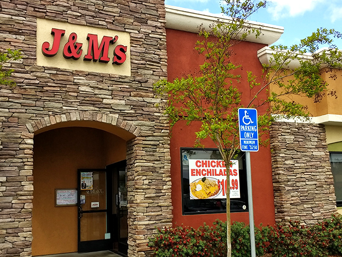 Stone meets terracotta in this welcoming facade that promises comfort food treasures within. The chicken enchilada special beckons like a siren song to hungry passersby.