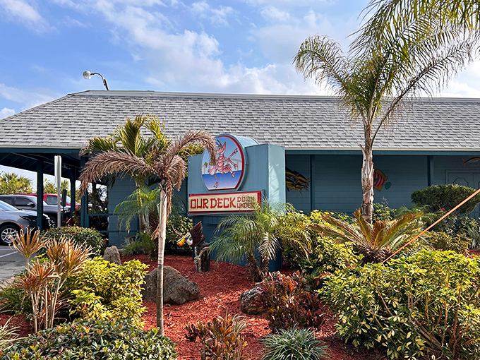 The tropical blue exterior of Our Deck Down Under welcomes seafood lovers with palm trees and Florida charm. Paradise found under a bridge!