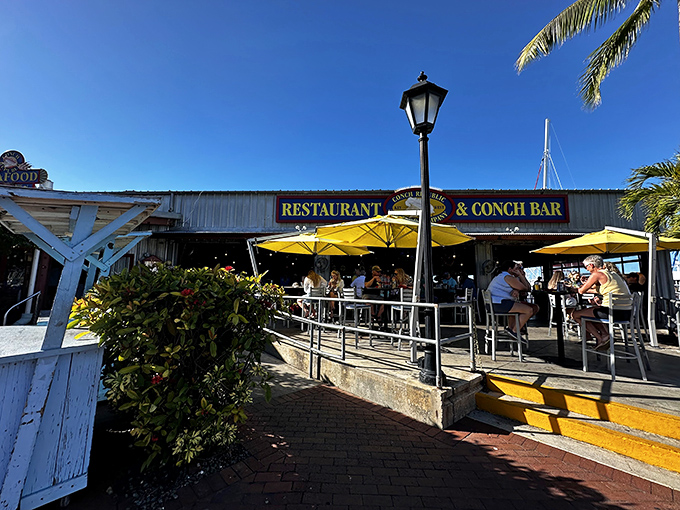 Weathered charm meets waterfront dining where yellow umbrellas promise shade and exceptional seafood awaits discovery.