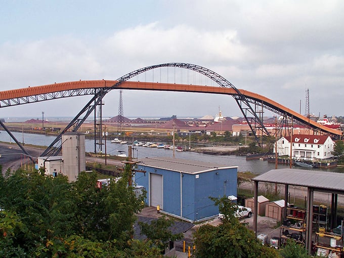 Ashtabula's iconic lift bridge stands as a testament to industrial elegance, where engineering and artistry meet over calm harbor waters.