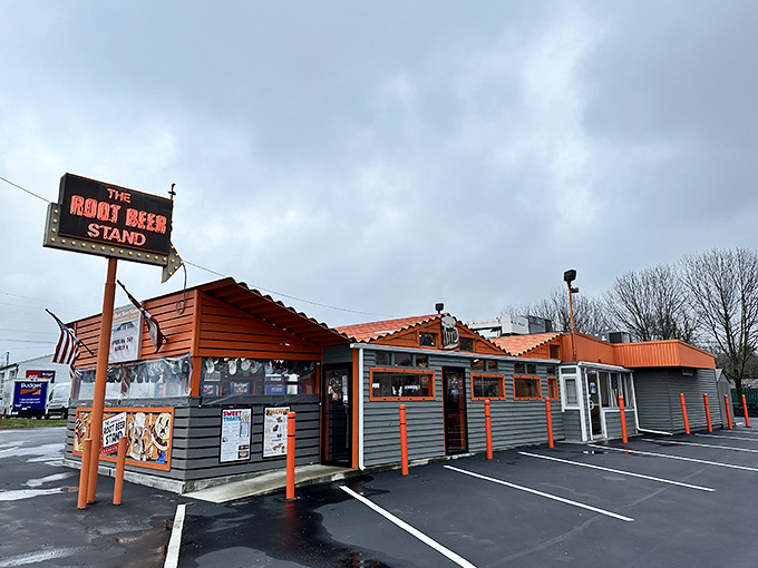 The Root Beer Stand's classic architecture whispers sweet nothings about simpler times when chrome and neon ruled the road.