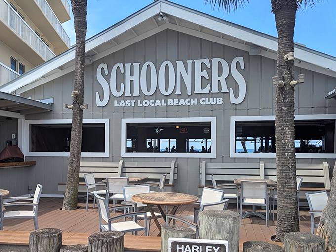 Schooners proudly announces itself as the "Last Local Beach Club," where palm trees stand guard and outdoor seating beckons with the promise of Gulf breezes.