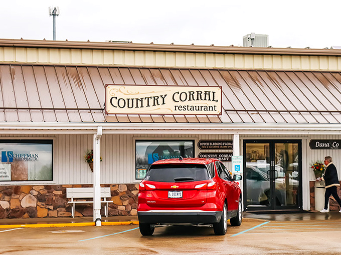 The unassuming exterior of Country Corral Restaurant in Shipshewana&mdash;proof that culinary treasures often hide behind modest facades.