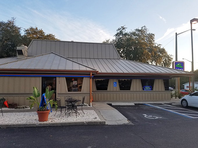 The unassuming exterior of Adam's Rib Co. proves once again that in barbecue, it's what's inside that counts. Metal roof, modest signage, heavenly aromas.