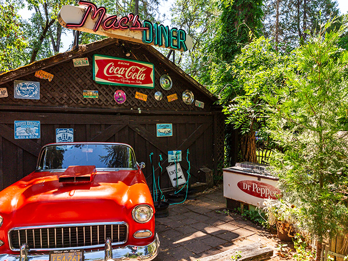 The entrance to Mac's beckons like a woodland fairy tale&mdash;rustic charm with an "ENTRANCE" sign that leaves no room for confusion.
