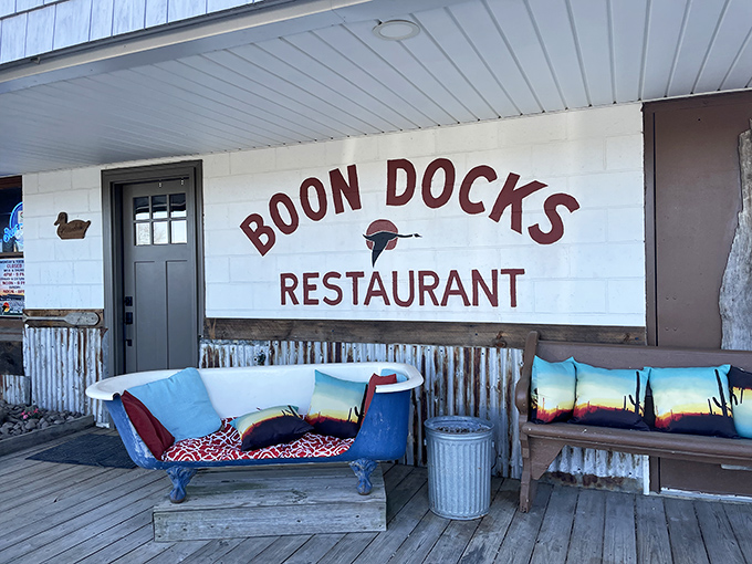 The unassuming facade of Boondocks promises little but delivers culinary treasures. That bathtub sofa? Pure genius &ndash; comfort meets coastal quirk.