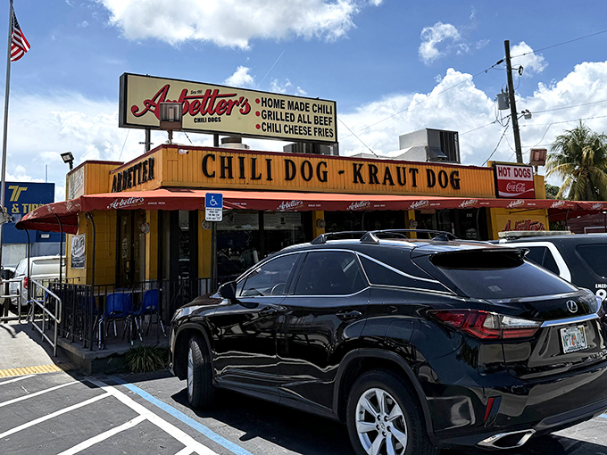That bright yellow facade isn't just a building&mdash;it's a beacon of hope for the hungry. The Jesus Perez Patio beckons with the promise of chili dog nirvana.