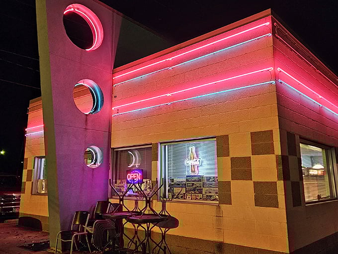 That iconic teal fin isn't just architectural flair&mdash;it's a beacon calling hungry time-travelers to Alliance's most authentic slice of the 1950s.