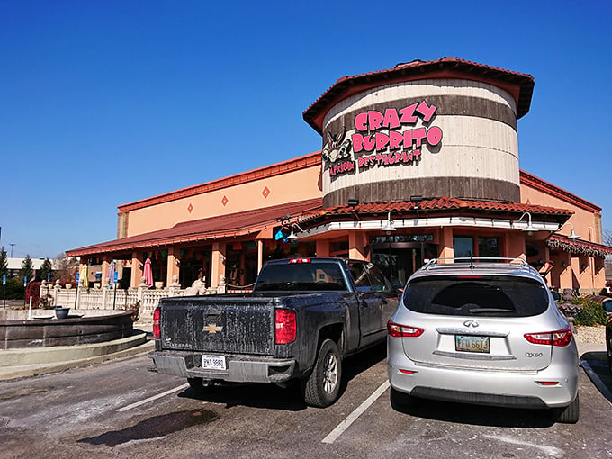 The unmistakable cylindrical turret of Crazy Burrito stands like a beacon of hope for hungry travelers. Mexican food architecture at its most inviting! 