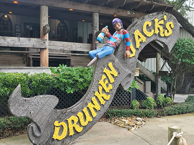 Welcome to seafood paradise! Drunken Jack's rustic exterior, complete with that iconic anchor sign, promises maritime delights under South Carolina's blue skies.