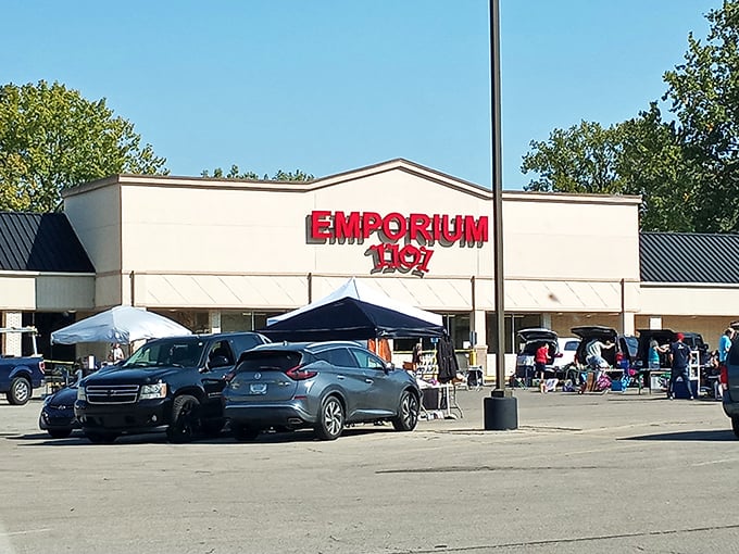 The iconic red signage of Emporium 1101 stands out against the Anderson skyline like a beacon for bargain hunters everywhere.