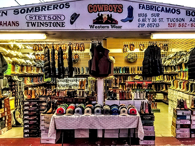 Boot paradise awaits! This western wear vendor showcases a dazzling array of cowboy boots and Stetsons that would make John Wayne himself stop in his tracks.