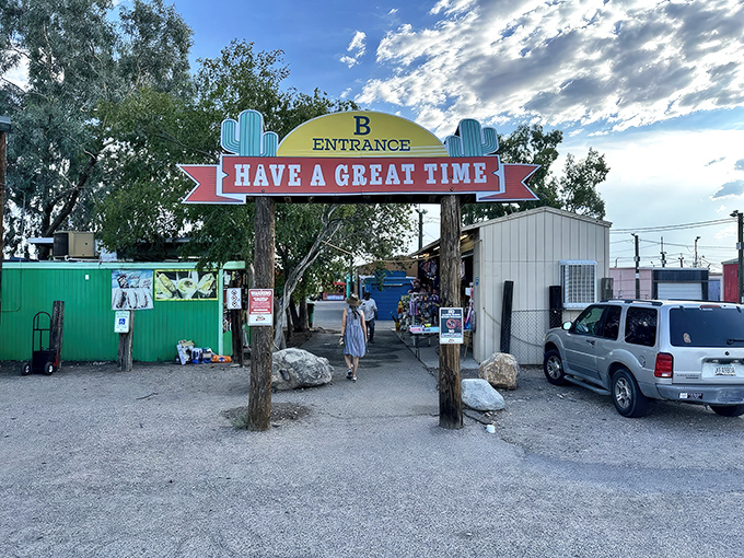 The iconic entrance to Tanque Verde Swap Meet beckons with its cheerful "HAVE A GREAT TIME" promise &ndash; spoiler alert: you absolutely will.