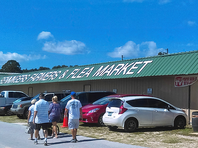 The green-roofed gateway to bargain paradise beckons shoppers with promises of treasures waiting to be discovered inside.