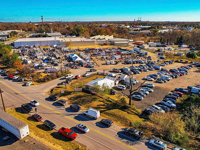 The treasure hunter's paradise from above &ndash; hundreds of vendors, thousands of bargains, and endless possibilities spread across this bustling Glen Burnie landmark.
