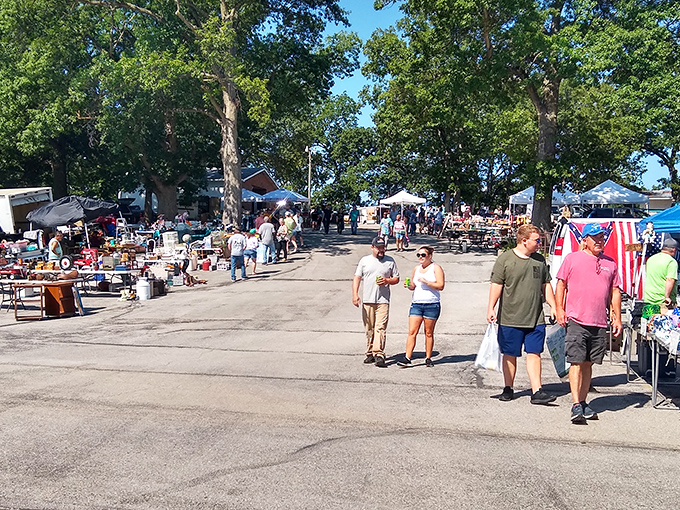 The treasure hunt begins where endless rows of vendors create a shopper's paradise under Missouri's blue sky.