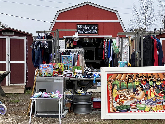 The iconic red barn welcomes treasure hunters with its simple charm, while colorful merchandise spills out like a retail fever dream.