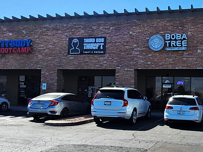Third Eye Thrift nestles between a fitness bootcamp and boba shop, proving that treasure hunting and caffeine make perfect strip mall neighbors.