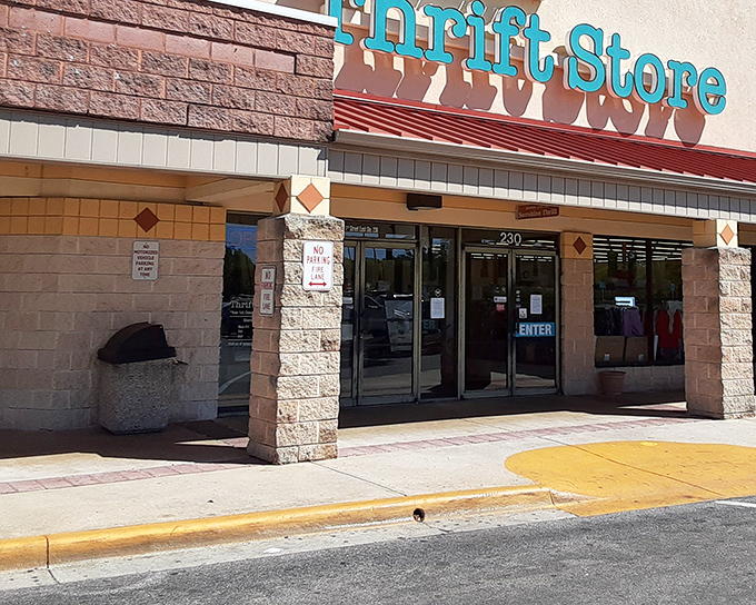 The unassuming entrance to Sunshine Thrift belies the treasure trove within. Like a portal to bargain heaven, those sliding doors promise adventure.