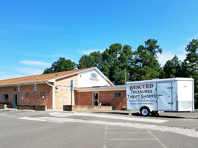 The unassuming exterior of Durham Rescue Mission Thrift belies the wonderland of treasures waiting inside. Bargain hunting begins here!