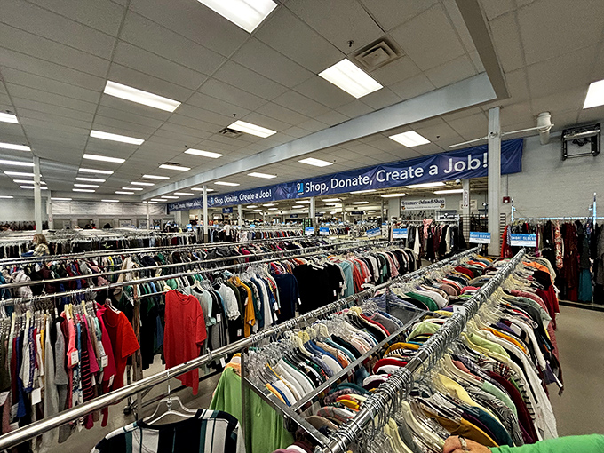 Welcome to the promised land of thrift! Ohio Valley Goodwill's clothing section stretches so far you might need trail mix for the journey.
