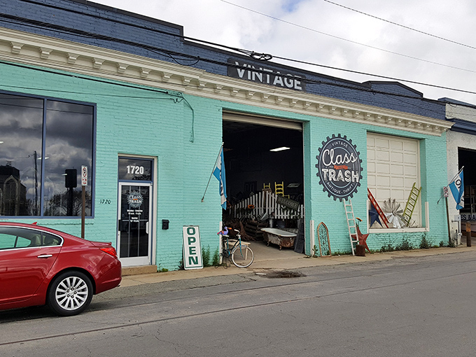 The turquoise facade of Class and Trash stands out like a vintage postcard come to life in Richmond's Scott's Addition neighborhood.