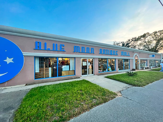 The unmistakable pink facade with electric blue lettering stands like a beacon for treasure hunters. Nothing subtle about this invitation to adventure!