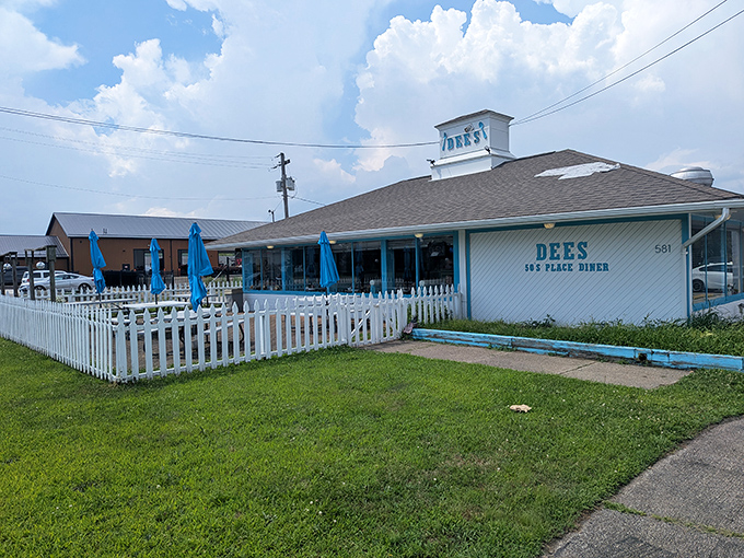 The classic white exterior with turquoise trim says it all&mdash;this isn't just a diner, it's a time machine with pancakes. Welcome to Dee's 50's Place.