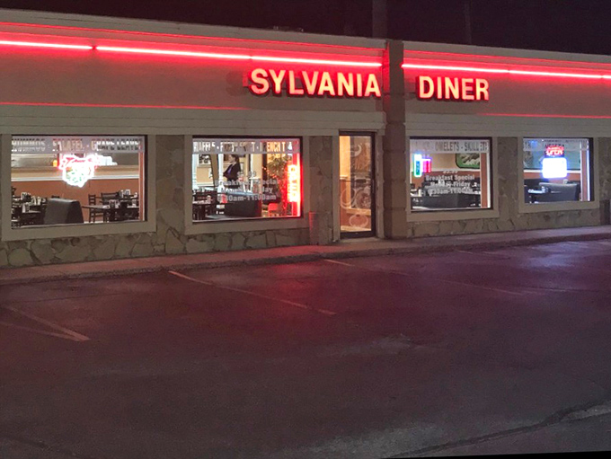 The neon glow of Sylvania Diner beckons like a lighthouse for hungry souls. Classic roadside Americana at its most inviting.