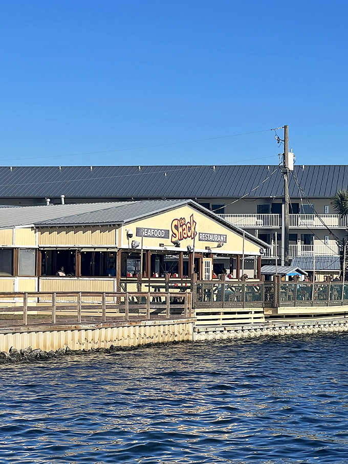 The waterfront deck at The Shack isn't just seating—it's front-row tickets to nature's best show. Gulf views and seafood: Florida's perfect pairing.
